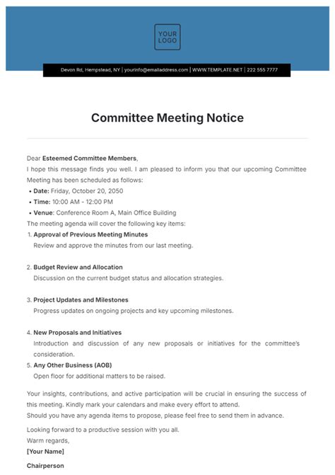 Free Committee Meeting Notice Template To Edit Online
