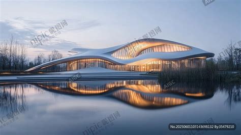Ai创作图现代建筑 流线型 湖畔 建筑设计 光影 倒影 景观 结构 造型 空间 科技感 玻璃 金属 水体 自然环境 昵图网