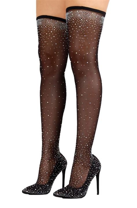 Liliana Shoes Kimera Black Thigh High Heel Fitted Bedazzled Stocking
