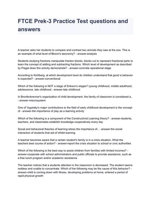 Ftce Prek 3 Practice Test Questions And Answers Ftce Prek 3 Practice