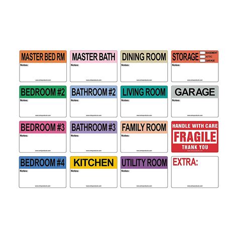 4 Bedroom House Color Coded Moving Labels 2″ X 3″ Stickers
