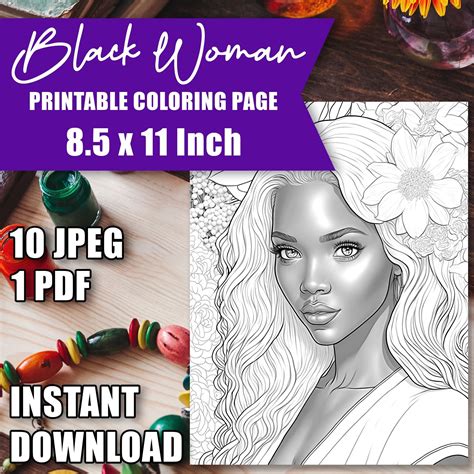 Black Woman Coloring Pages For Adults Instant Download Dark Light Grayscale Illustration Pdf