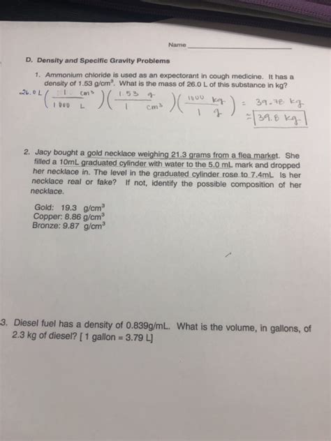 Solved Name D Density And Specific Gravity Problems 1