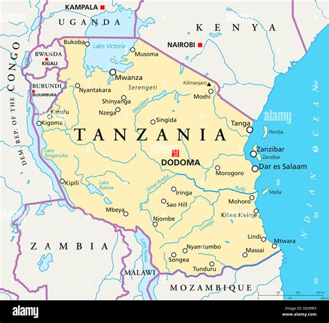 Political Map Of Tanzania With Capital Dodoma National Borders