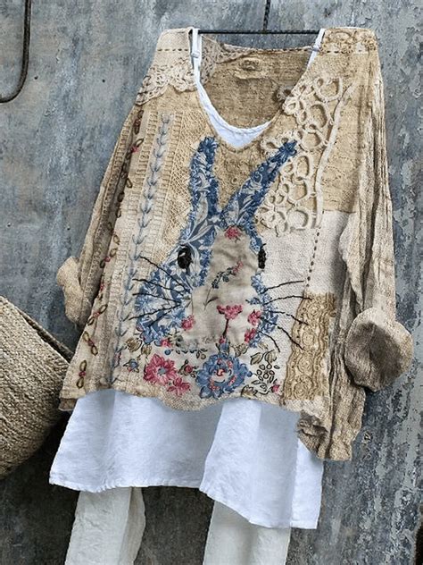 Womens Cute Rabbit Embroidery Pattern Comfortable Linen Shirt