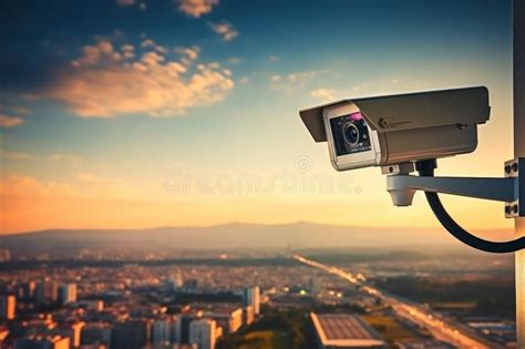 Close Up Surveillance Camera Monitoring A Busy Urban City Street For Enhanced Security Measures