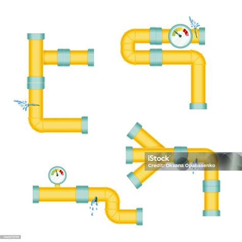 증기 또는 납 가스의 누출 파이프 라인의 파열로 깨진 파이프 수도꼭지 떨어지기 물 공급 문제 파이프 파손 흰색 배경에 격리된 바람 그림 0명에 대한 스톡 벡터 아트 및 기타