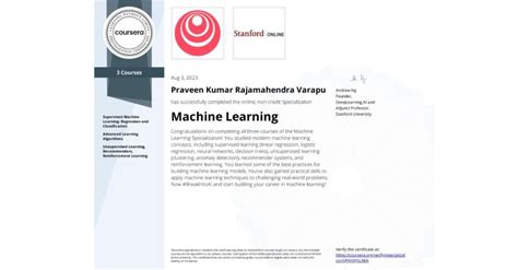 Completion Certificate For Machine Learning Praveen Kumar