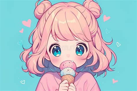 Cute Anime Chibi Girl With Pink Hair Eating Ice Cream Cone On Blue