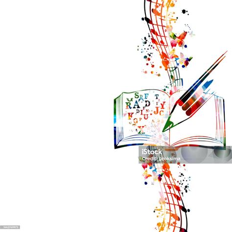 음악 지팡이와 음표가 격리된 다채로운 음악 쓰기 노트 활기찬 음악 직원 노트북 작곡가 음악가 및 작곡가를위한 가이드 악기 연주자를위한 레슨 및 팁 벡터 교실에 대한 스톡