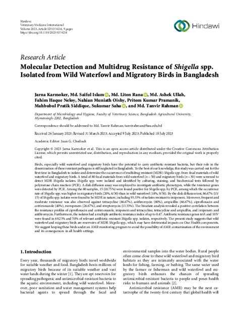 Pdf Multidrug Resistant Shigella In Bangladeshi Wild Birds