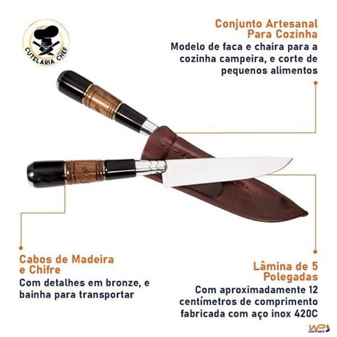 Conjunto Faca Chaira Inox 5 Polegadas Madeira Trabalhada Cutelaria Chef Madeiramadeira
