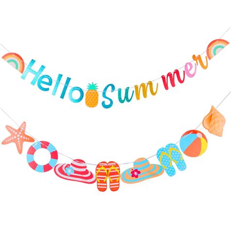 Hello Summer Banner Glitter Beach Patterns Banner Colorful Summer Pool