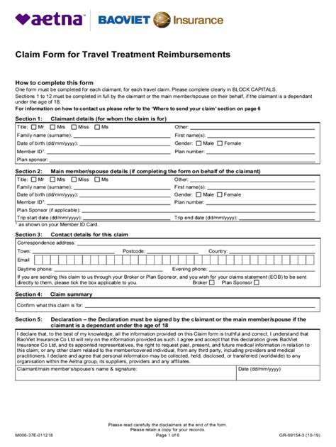 Fillable Online Claim Form For Dental Treatment Reimbursements Aetna