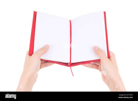 Blank Open Notebook In Female Hands Isolated On White Background Stock Photo Alamy