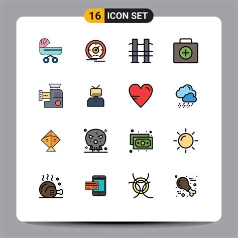 Set Of 16 Vector Flat Color Filled Lines On Grid For Suitcase First Aid Speed Briefcase River