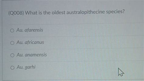 Q008 What Is The Oldest Australopithecine Species Au Afarensis Au Africanus Au Anamensis