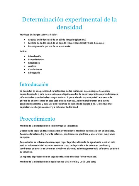 Determinación Experimental De La Densidad Pdf Densidad Masa
