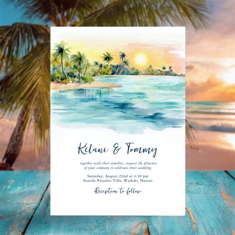 Tropical Beach Sunset And Palm Tree Wedding Invitation — Kl Stock Design