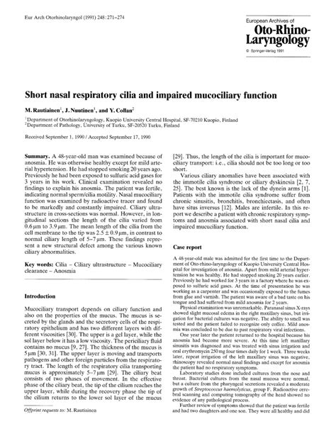 Pdf Short Nasal Respiratory Cilia And Impaired Mucociliary Function