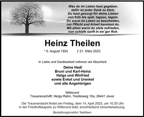 Traueranzeigen Von Heinz Theilen Nordwest Trauerde