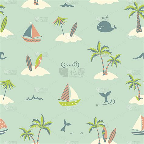 大海棕榈树船冲浪板无缝图案
