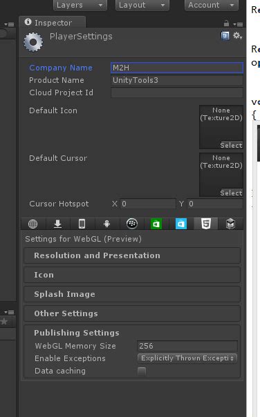 webgl player publishing settings exposed via script unity engine