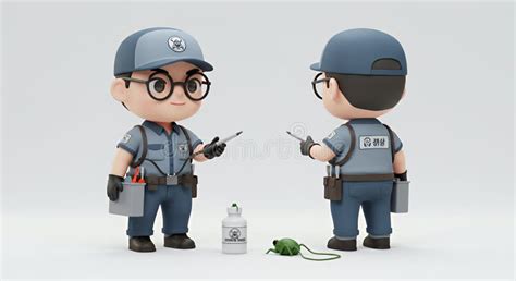 Two Cute Chibi Style Technicians With Pest Control Equipment Isolated On White Background Stock