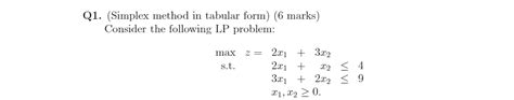 Solved Q1 Simplex Method In Tabular Form 6 Marks