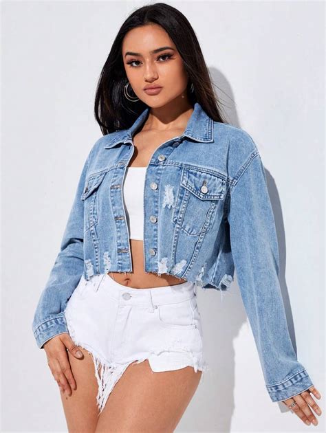 Shein Ezwear Ripped Raw Hem Crop Denim Jacket Shein Usa