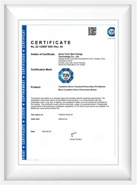 Solar Panel And Solar Power System Certificates Femi Solar