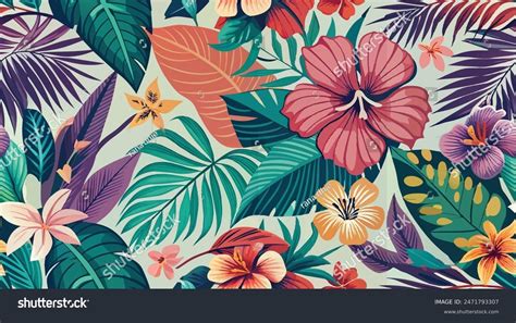 Tropical Leaf Many Flowers Seamles Pattern Stock Vector Royalty Free