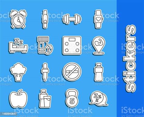 라인 졸리기 물병 보디 빌더 근육 덤벨 비타민 알약 취침 시간 알람 시계 및 욕실 저울 아이콘을 설정합니다 벡터 건강관리와 의술에 대한 스톡 벡터 아트 및 기타 이미지