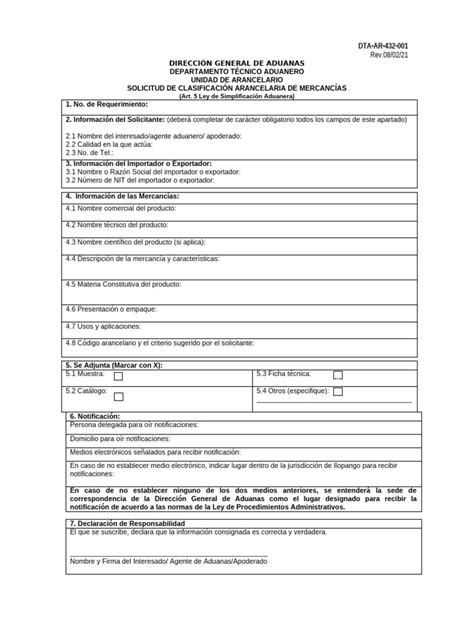 Solicitud De Clasificación Arancelaria Pdf