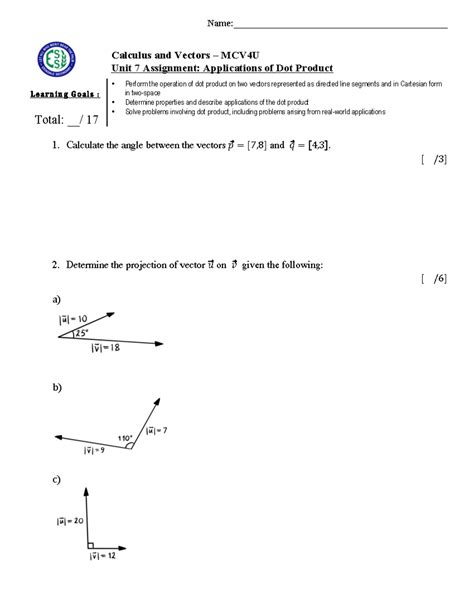 Dot Product Assignment Name Calculus And