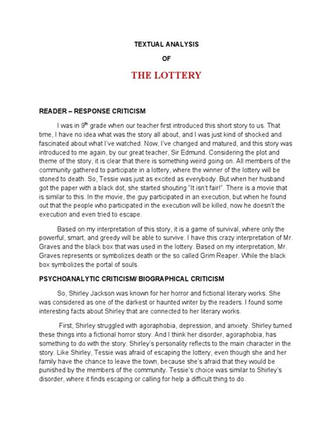 Textual Analysis Transcript Of The Lottery Short Film Pdf