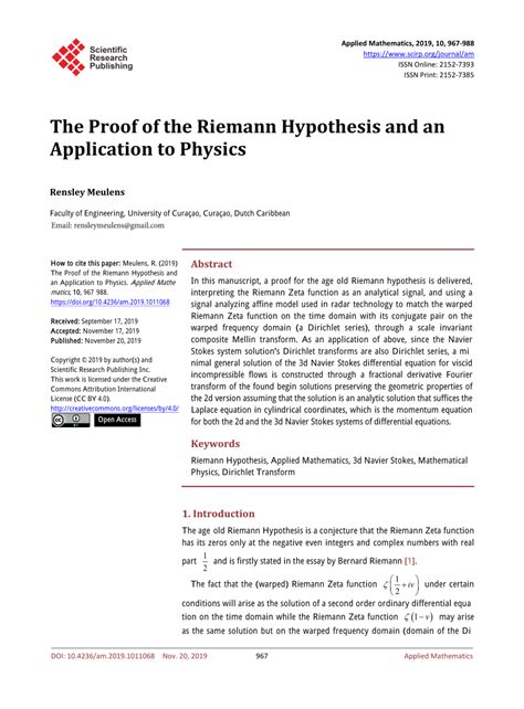 Pdf The Proof Of The Riemann Hypothesis And An Application To Physics