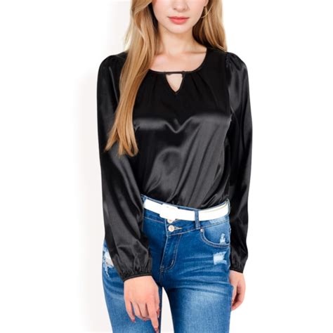 Womens Satin Blouse With Keyhole Neckline And Long Sleeves Large