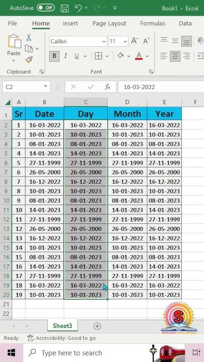 trick to extract day month year from date in excel shorts excel