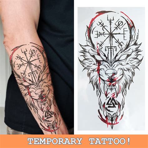 Vegvisir Viking Compass Valknut And Wolf Temporary Tattoo Norse
