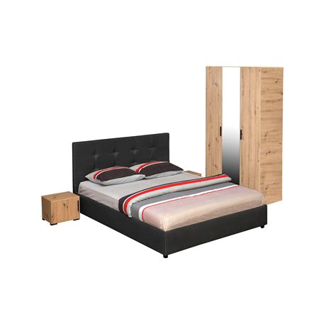 Set Dormitor Econo 4 Piese Pat 160x200 Cm Dulap 3 Usi 2 Noptiere Artisan Gri Antracit