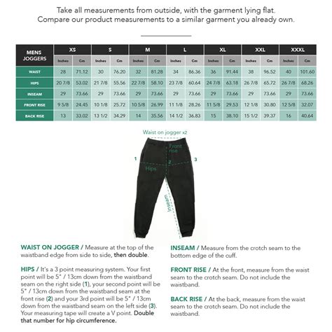 Mens French Terry Joggers Size Chart