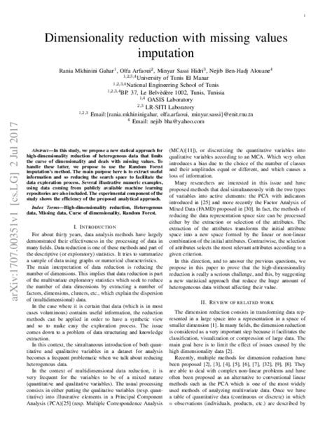 Pdf Dimensionality Reduction With Missing Values Imputation