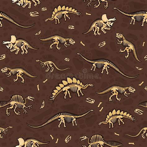 Dinosaur Fossils Seamless Pattern With Dino Bones Stock Vector