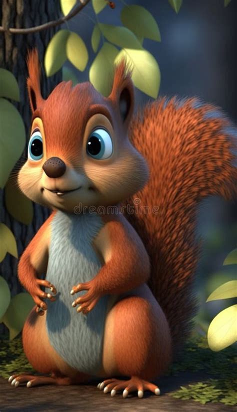 A Cartoon Squirrel Standing In Front Of A Tree With Leaves Stock Illustration Illustration Of