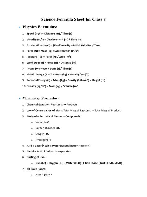 Science Formula Sheet For Class 8 Pdf