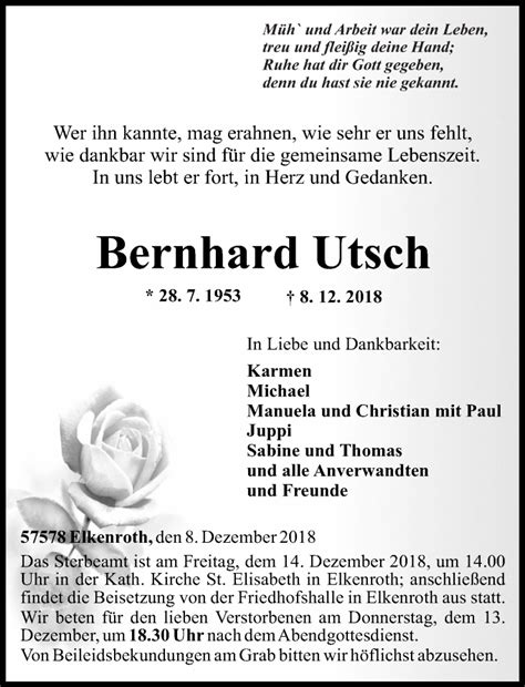 Traueranzeigen Von Bernhard Utsch Rz Trauerde