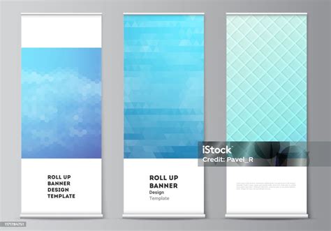 롤업 배너 스탠드 수직 전단지 플래그 디자인 비즈니스 템플릿의 편집 가능한 레이아웃의 벡터 그림 화려한 그라데이션 비즈니스 배경