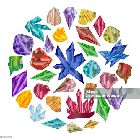 Set Of Colored Gems And Magic Crystals Laid Out In The Shape Of A