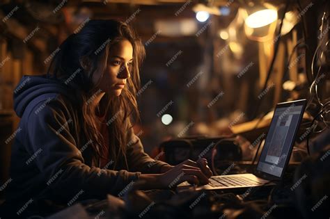 premium ai image a girl researching on a scrappy pc absorbed and